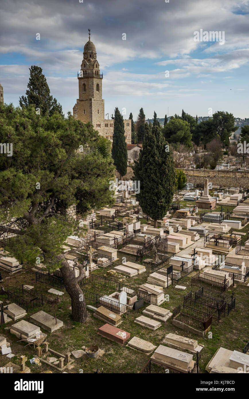 High angle view of cemetery with church in background, Old city ...