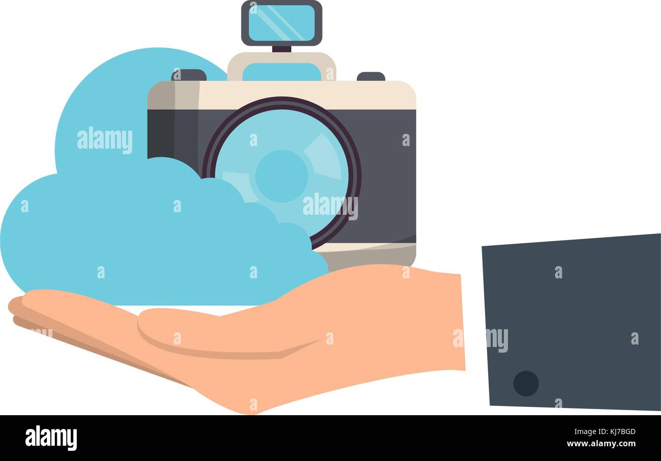 hand holding a photographic camera icon over white background colorful ...