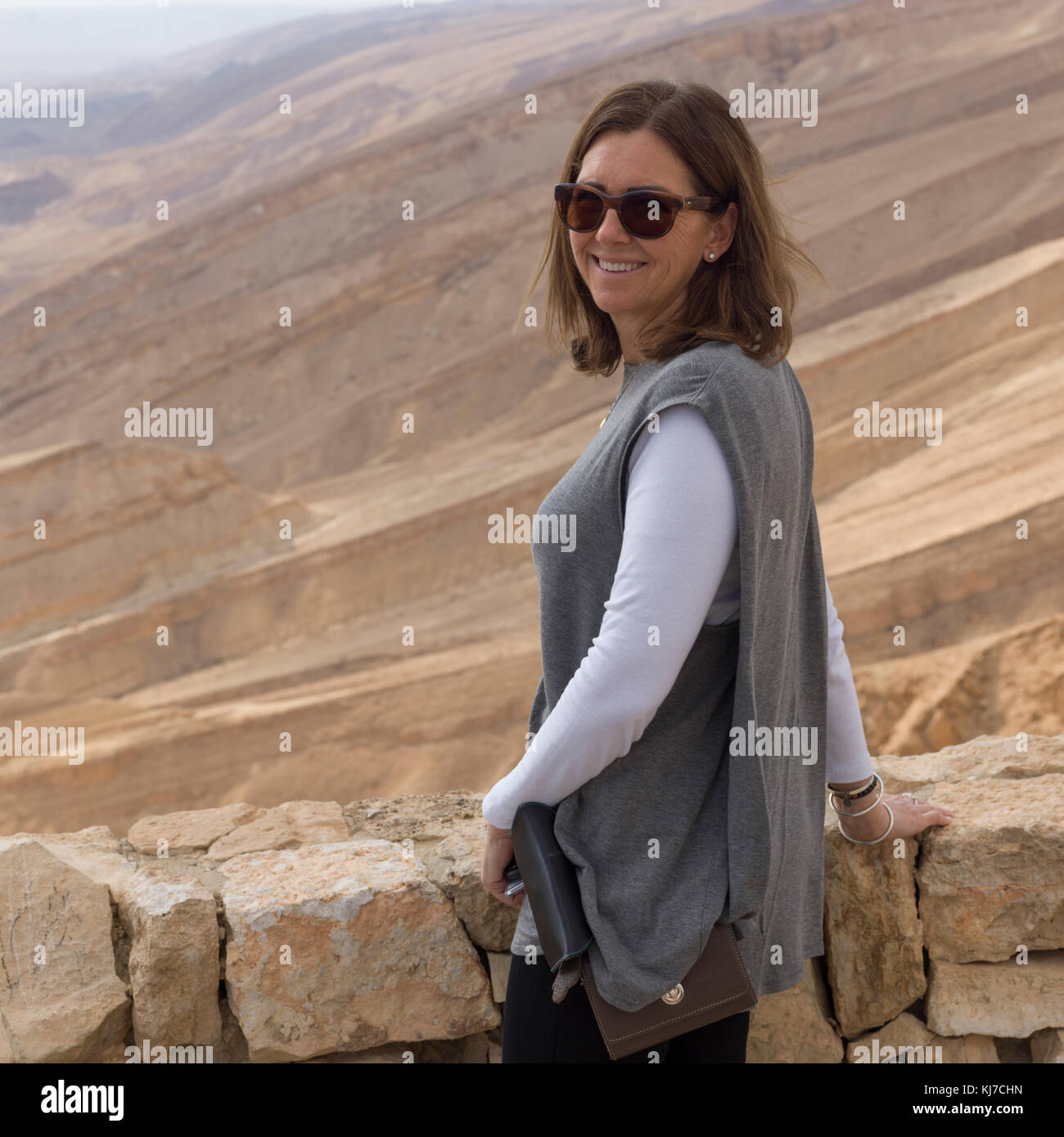 Portrait of happy woman, Scorpions Ascent, Arava Valley, Negev Desert ...