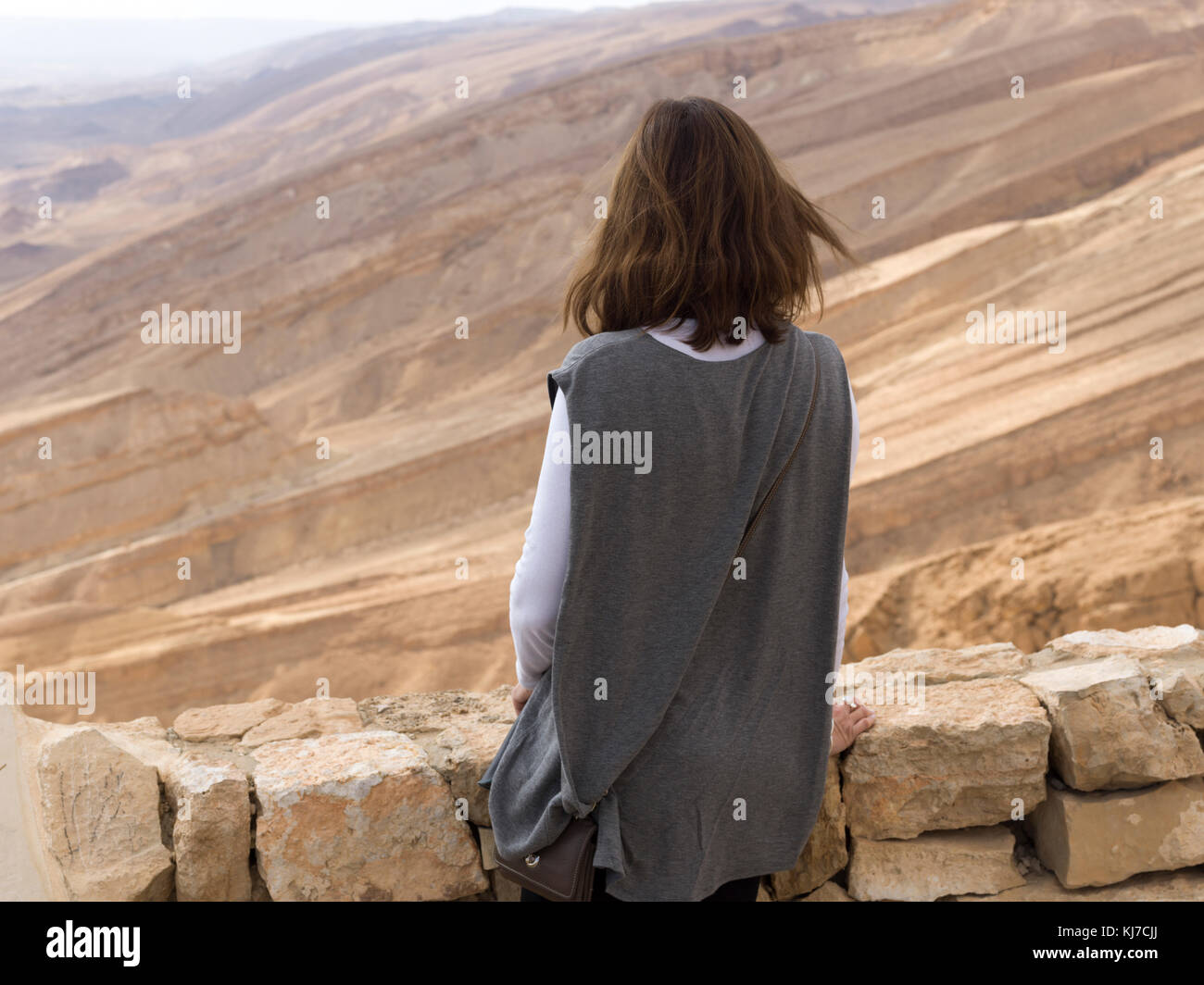 Rear view of woman in desert, Scorpions Ascent, Arava Valley, Negev ...