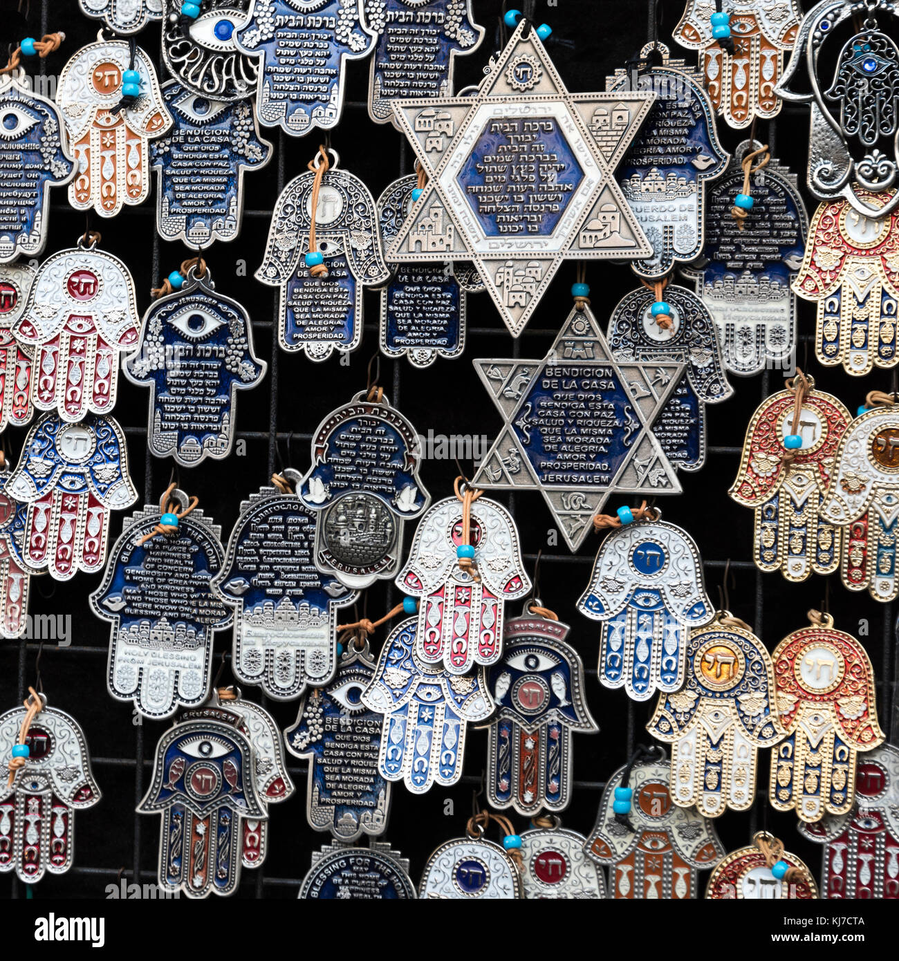 Religious objects for sale at market stall, Carmel Market, Tel Aviv ...