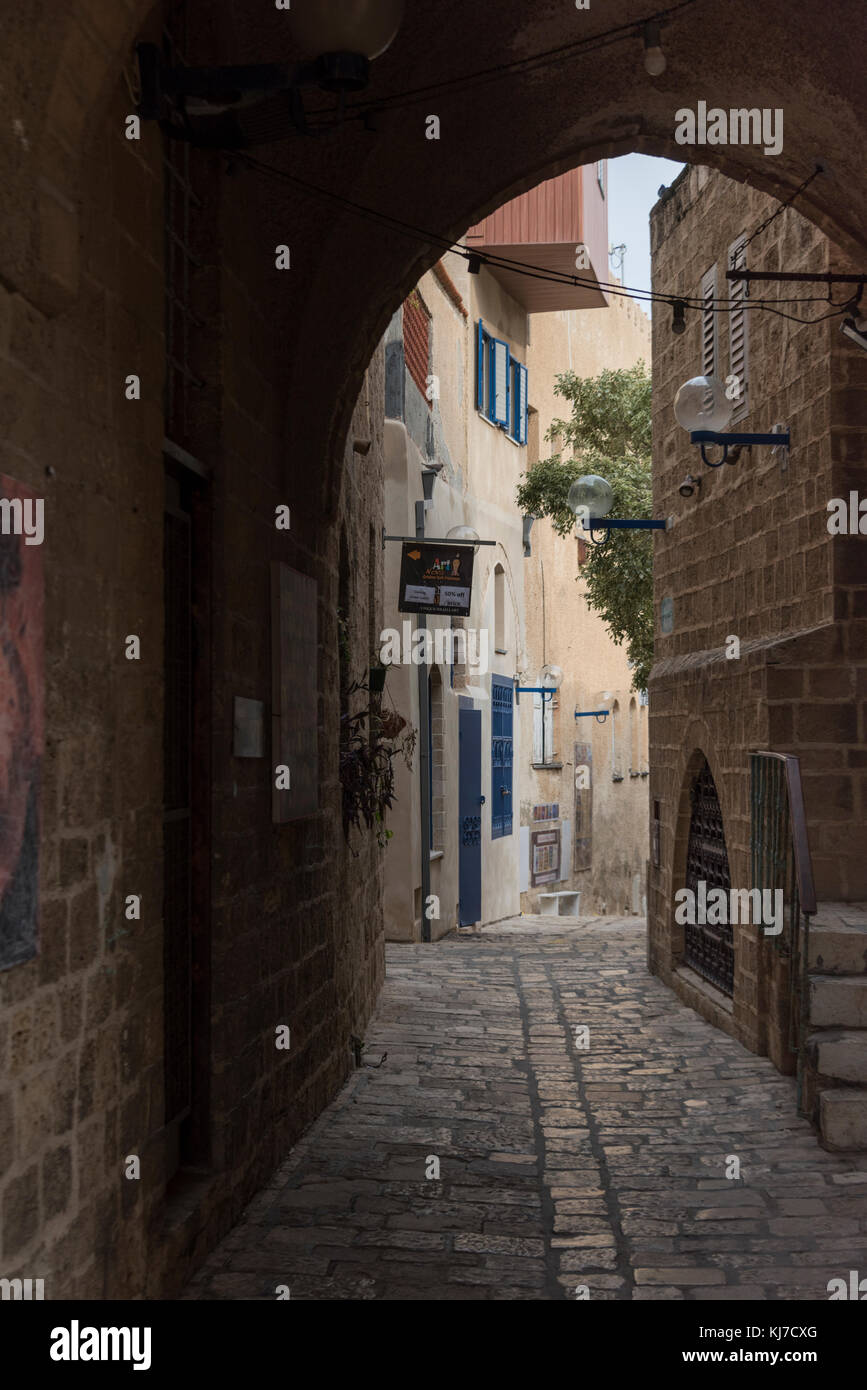 Traditional building on both sides of street, Old Jaffa, Tel Aviv-Yafo ...