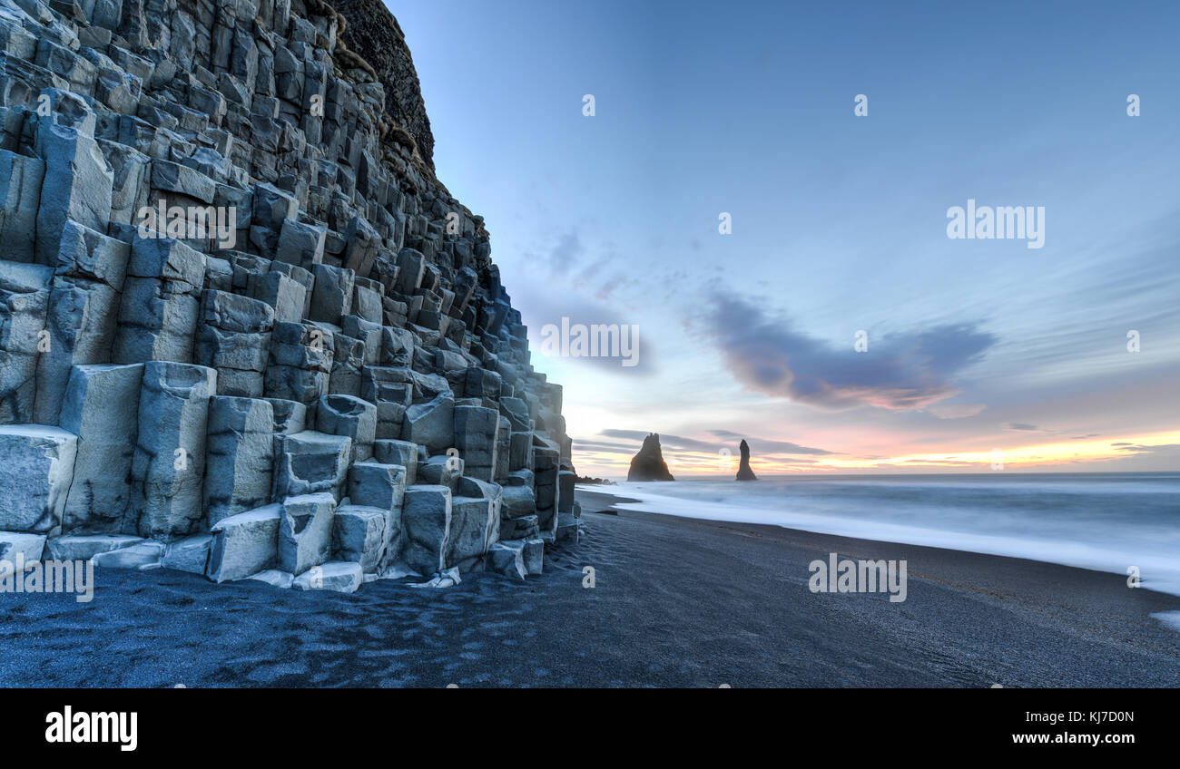 Wide view of Reynisdrangar rock formations on Reynisfjara Beach at ...