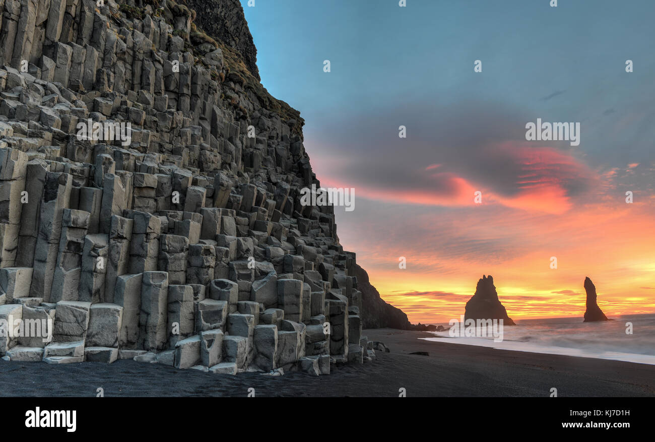 Wide view of Reynisdrangar rock formations on Reynisfjara Beach at ...