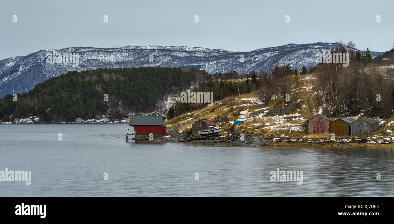 Wooden huts on coast, Saltdal Fjord, Norway Stock Photo - Alamy