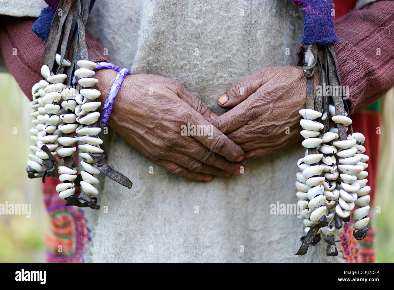 Hands of Aryan woman in traditional dress, Dah Hanu, Ladakh; Jammu and ...