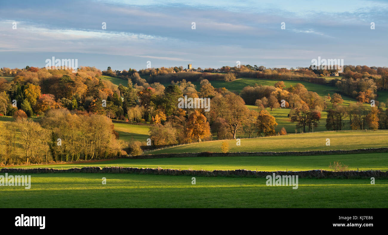Stow on the wold and cotswold countryside in late autumn sunset light ...