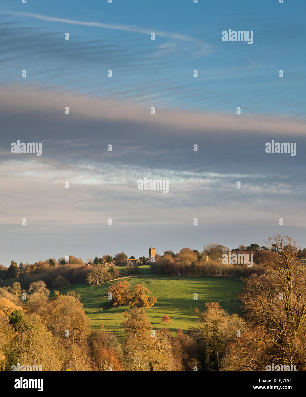 Stow on the wold and cotswold countryside in late autumn sunset light ...