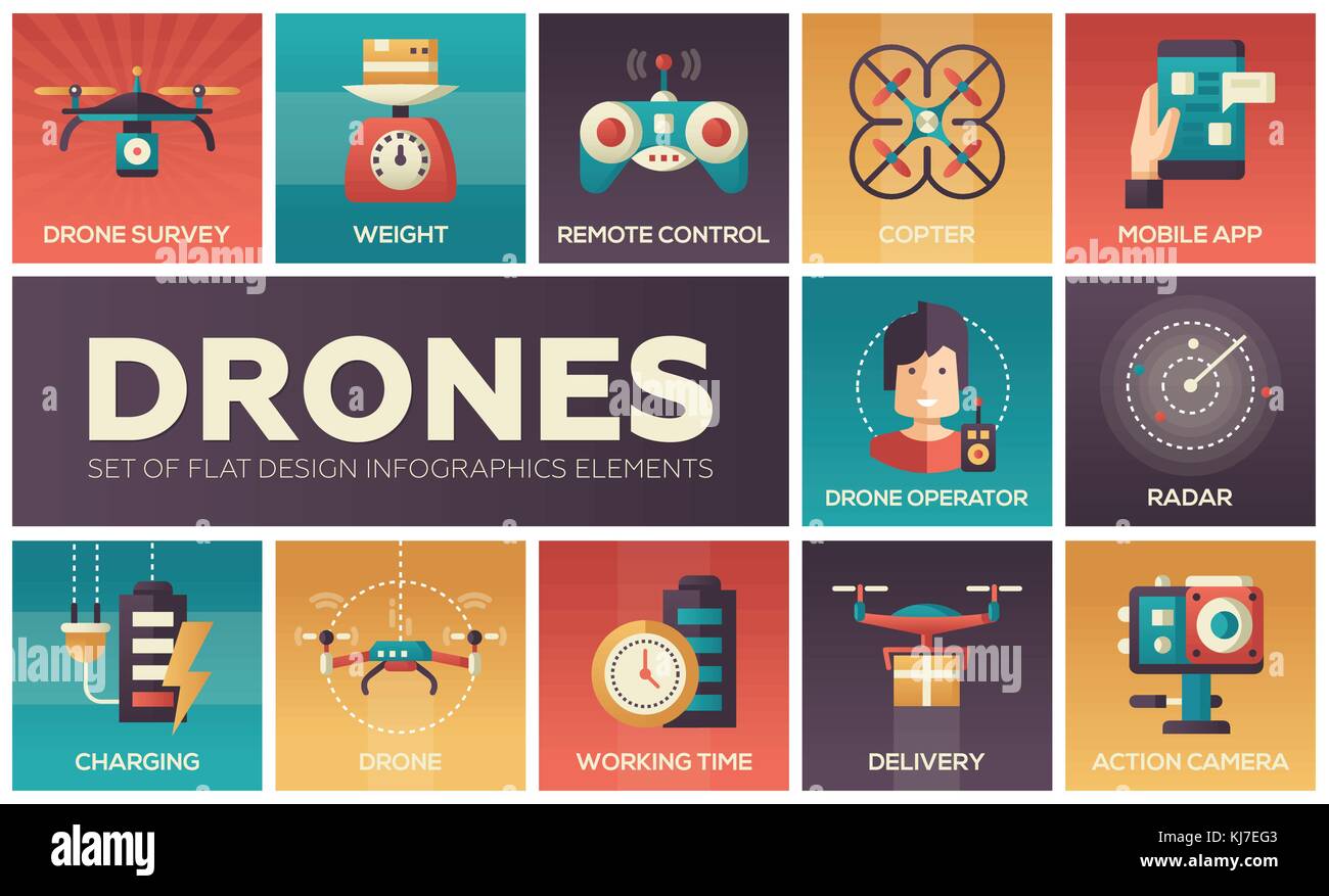 Drones - set of flat design infographics elements Stock Vector Image ...