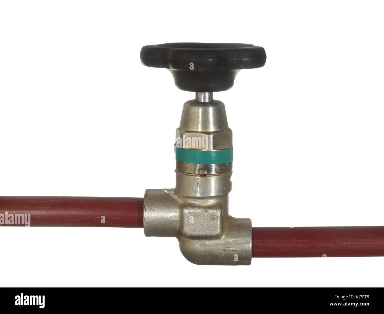 Water tap with black handle and red pipes isolated on white background ...