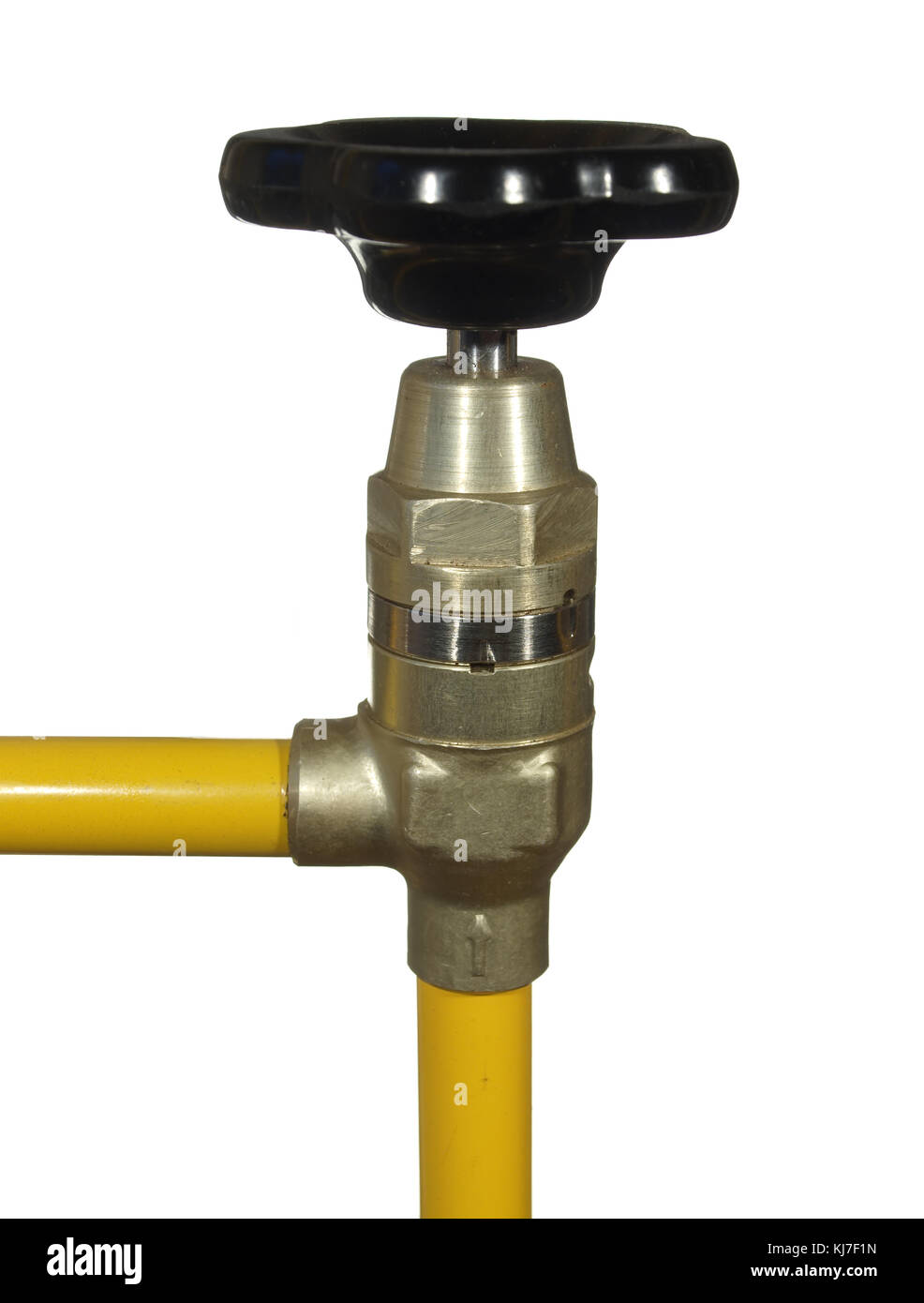Water tap with black handle and yellow pipes isolated on white ...