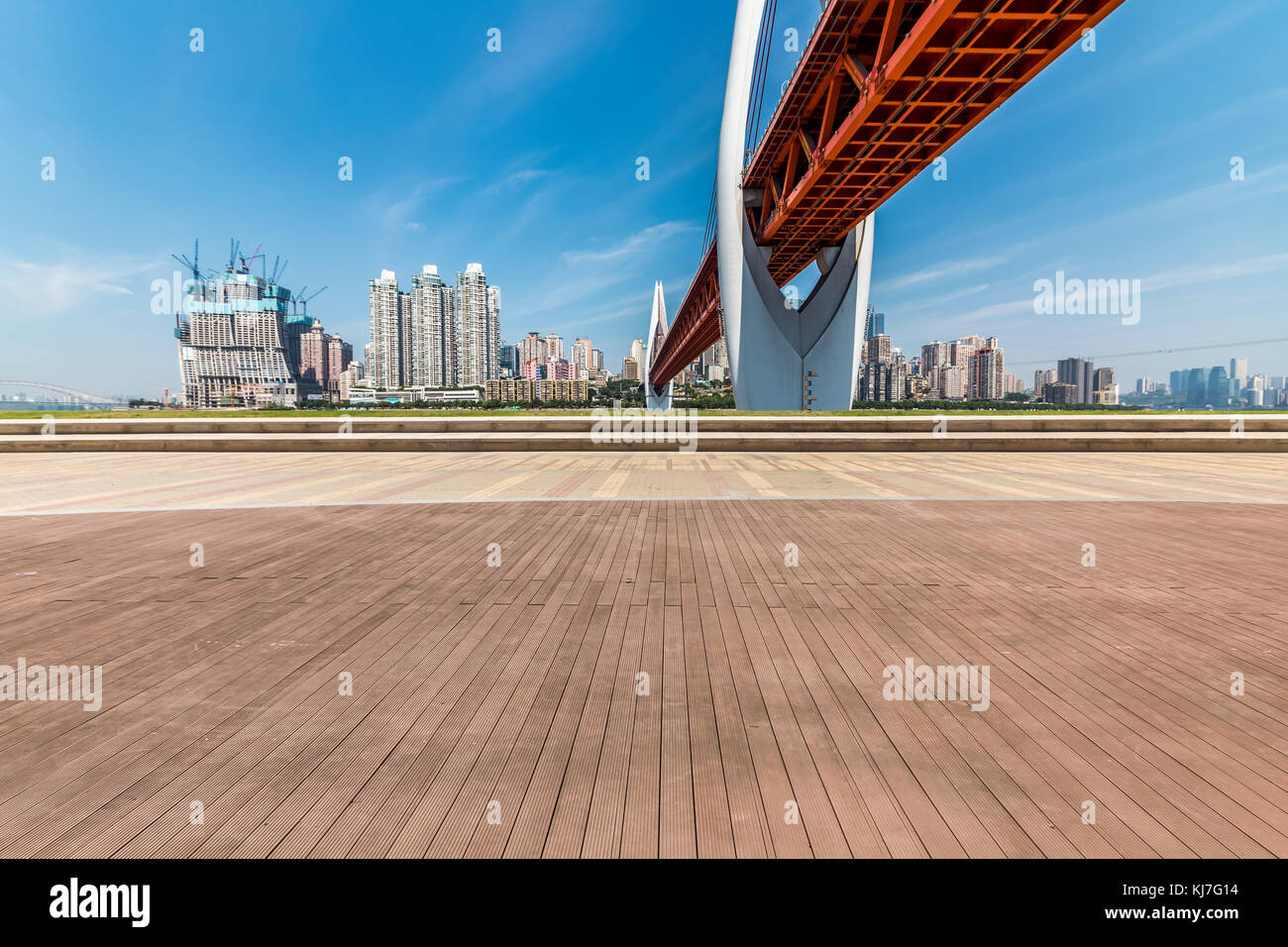 Panoramic skyline and buildings with empty concrete square floor ...