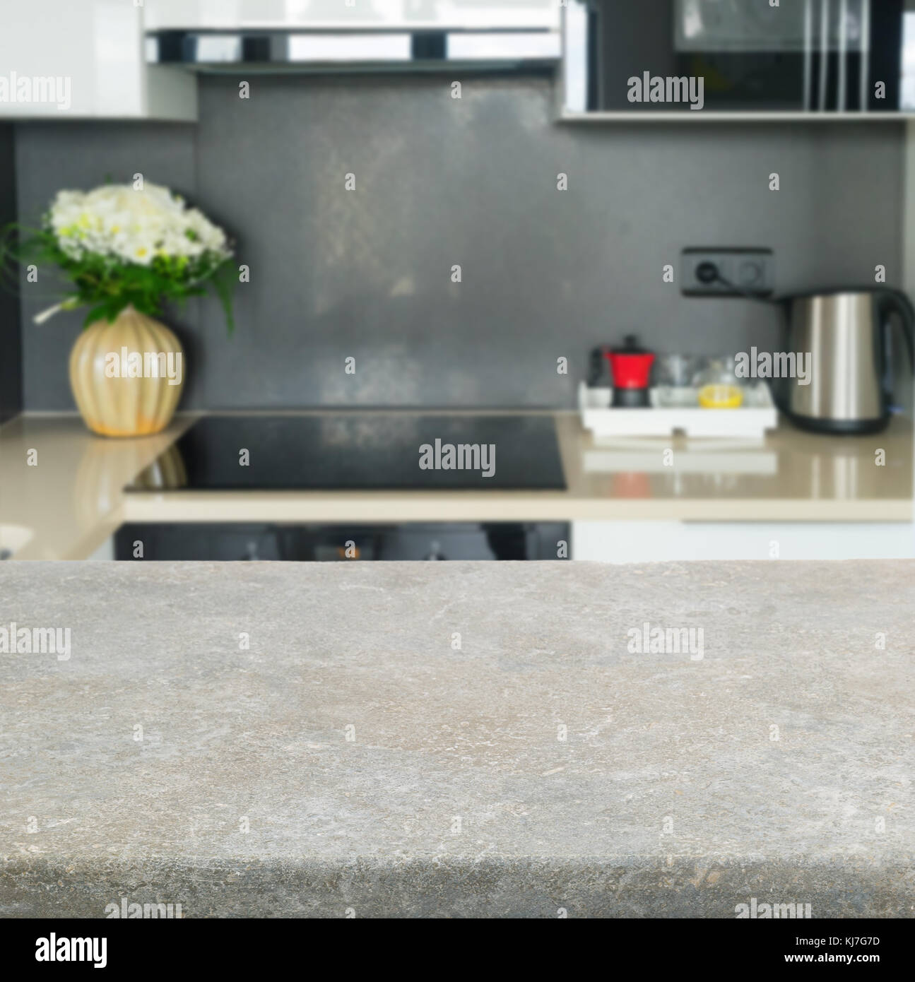 Empty kitchen stone table top with modern kitchen in background Stock ...