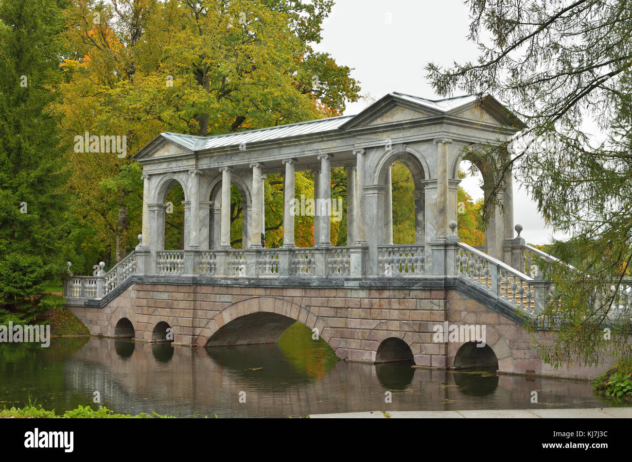 24.09.2016.Russia.Pushkin.Marble bridge is reflected on the surface of ...