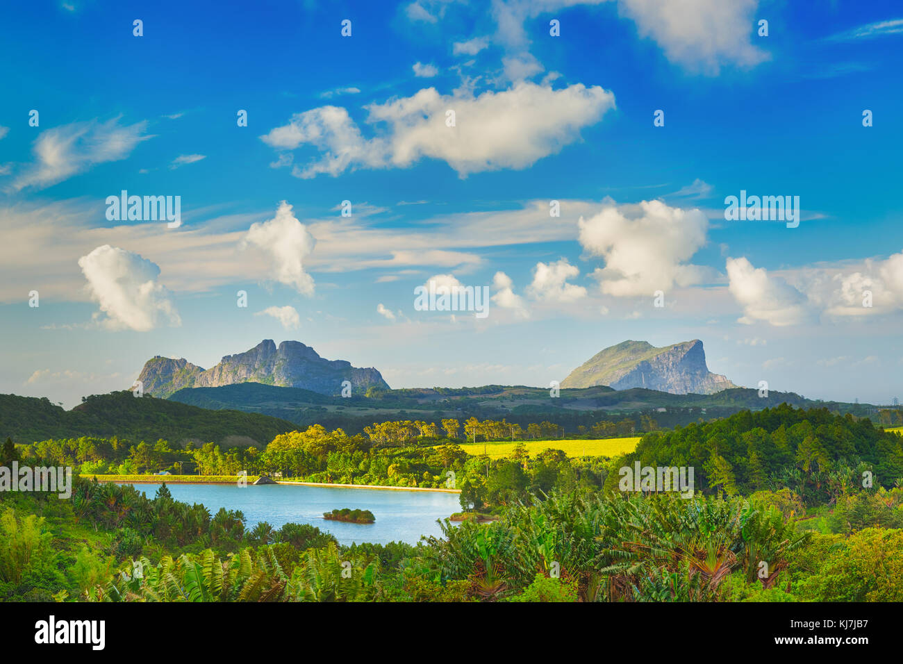 Beautiful landscape. View of a lake and mountains. Mauritius island ...