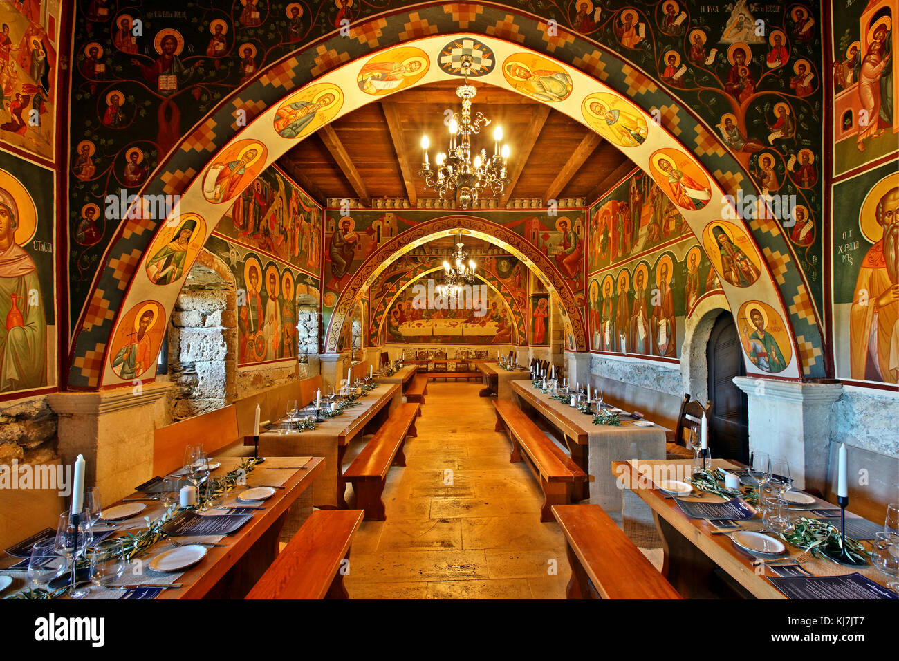 The impressive refectory of Toplou monastery, close to famous Vai beach ...