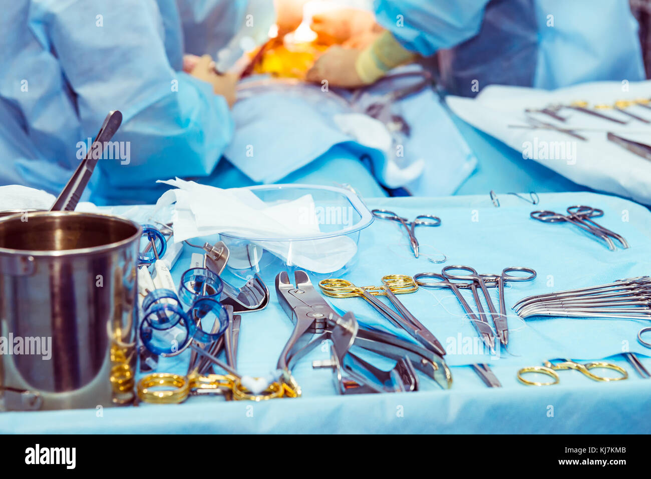 Close up surgical instruments and tools including scalpels, forceps and ...