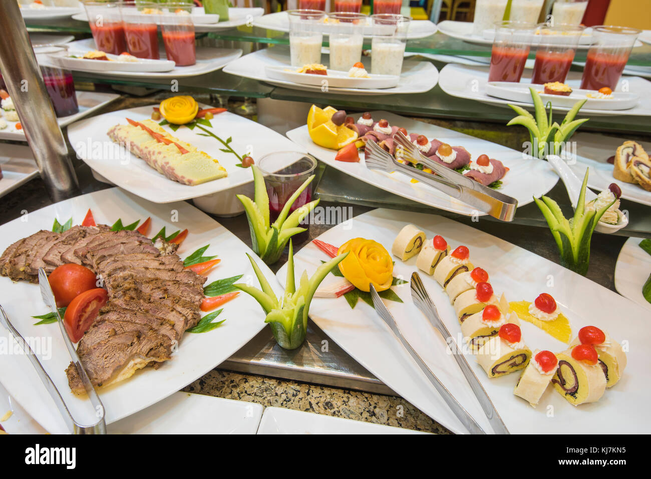 Selection display of a la carte cold meat salad food at a luxury ...