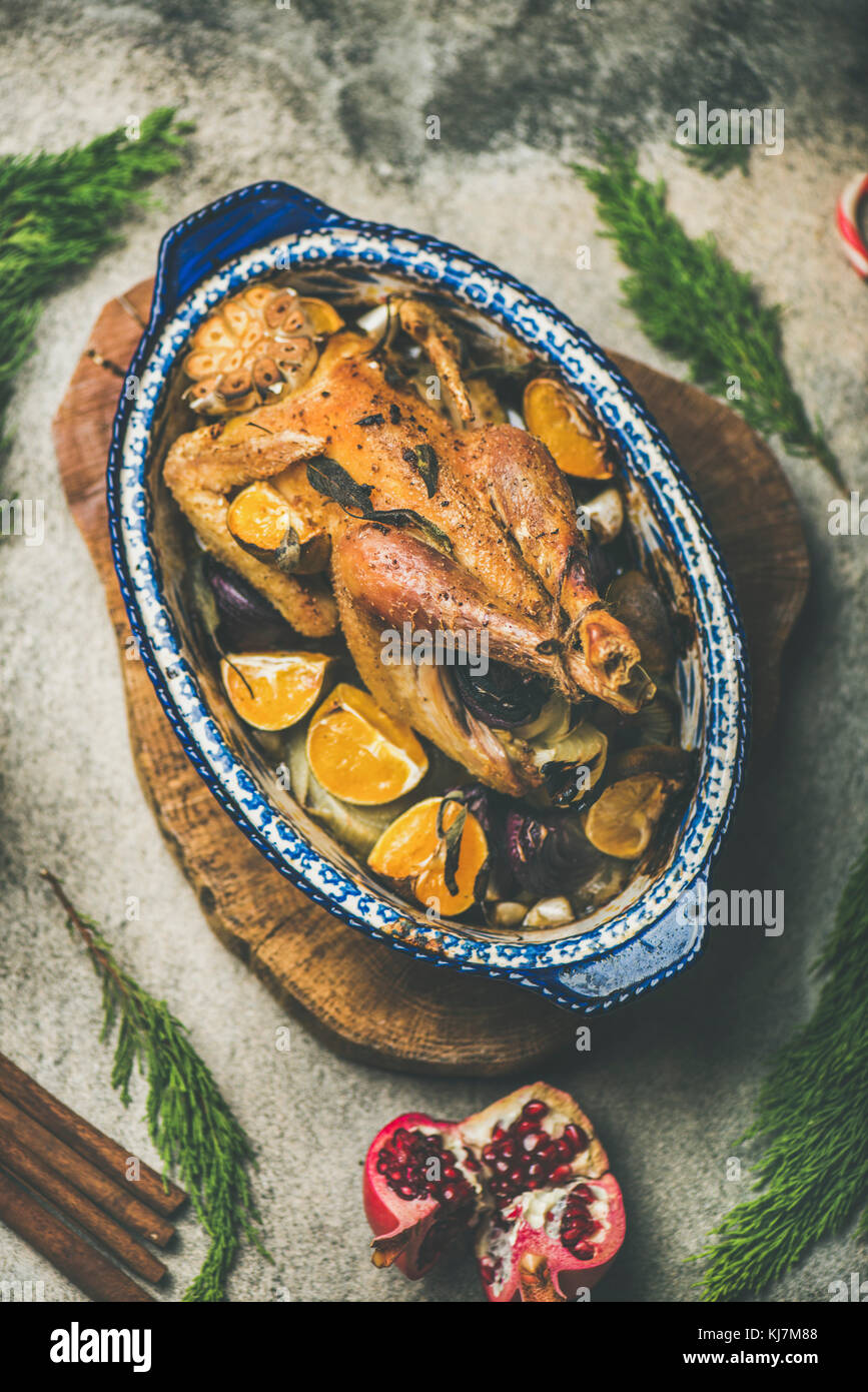 Roasted chicken for Christmas eve celebration table with holiday ...