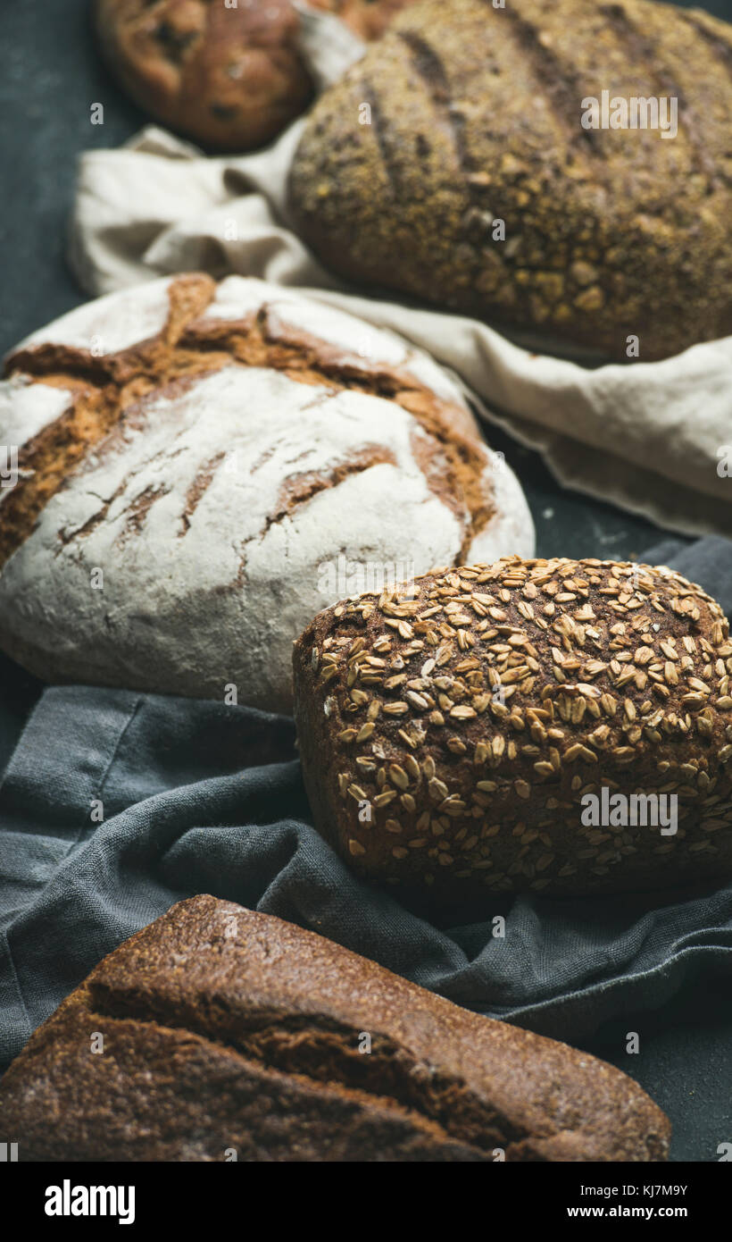 Various bread selection. Close-up of Rye, wheat and multigrain rustic ...