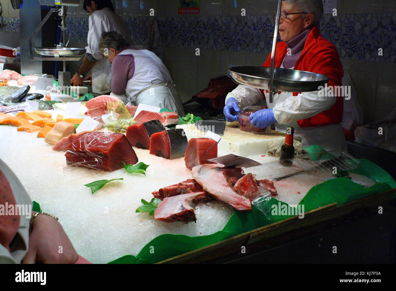 Red lean and fatty tuna fish meat for sale at the organic marine food ...