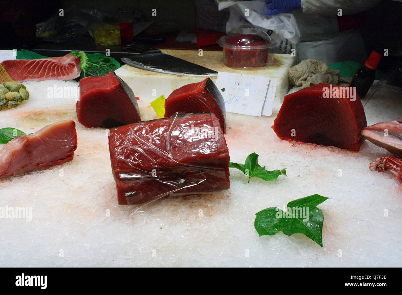 Red lean and fatty tuna fish meat for sale at the organic marine food ...