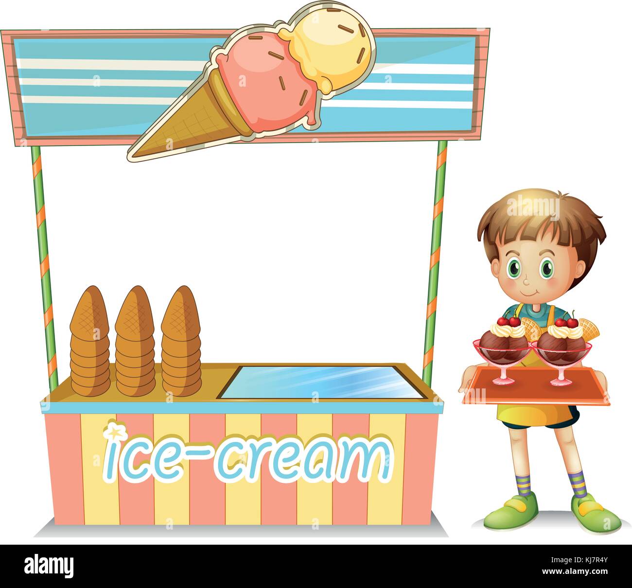 Illustration of a boy with a tray beside an ice cream cart on a white ...