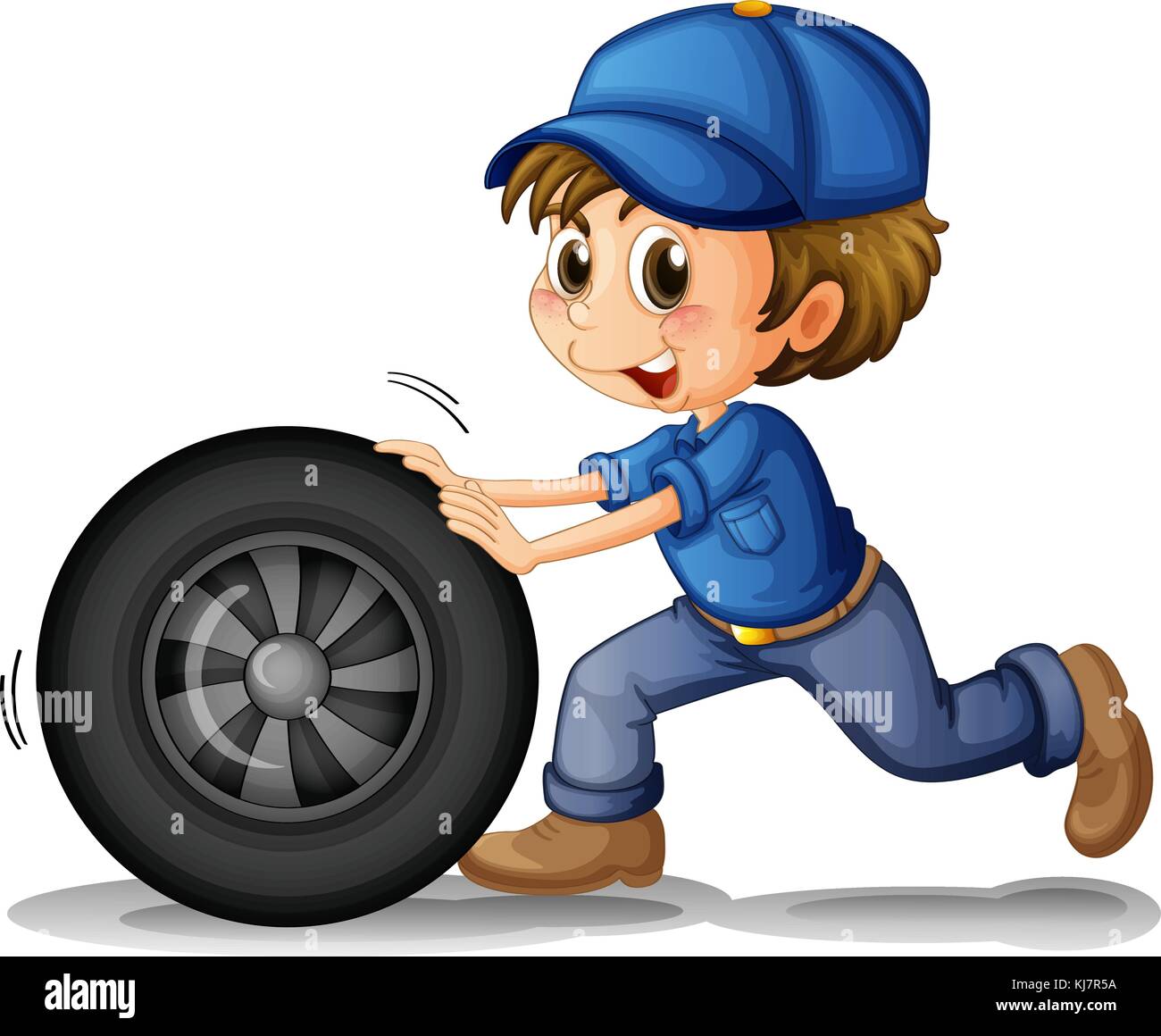 Illustration of a boy pushing a wheel on a white background Stock ...