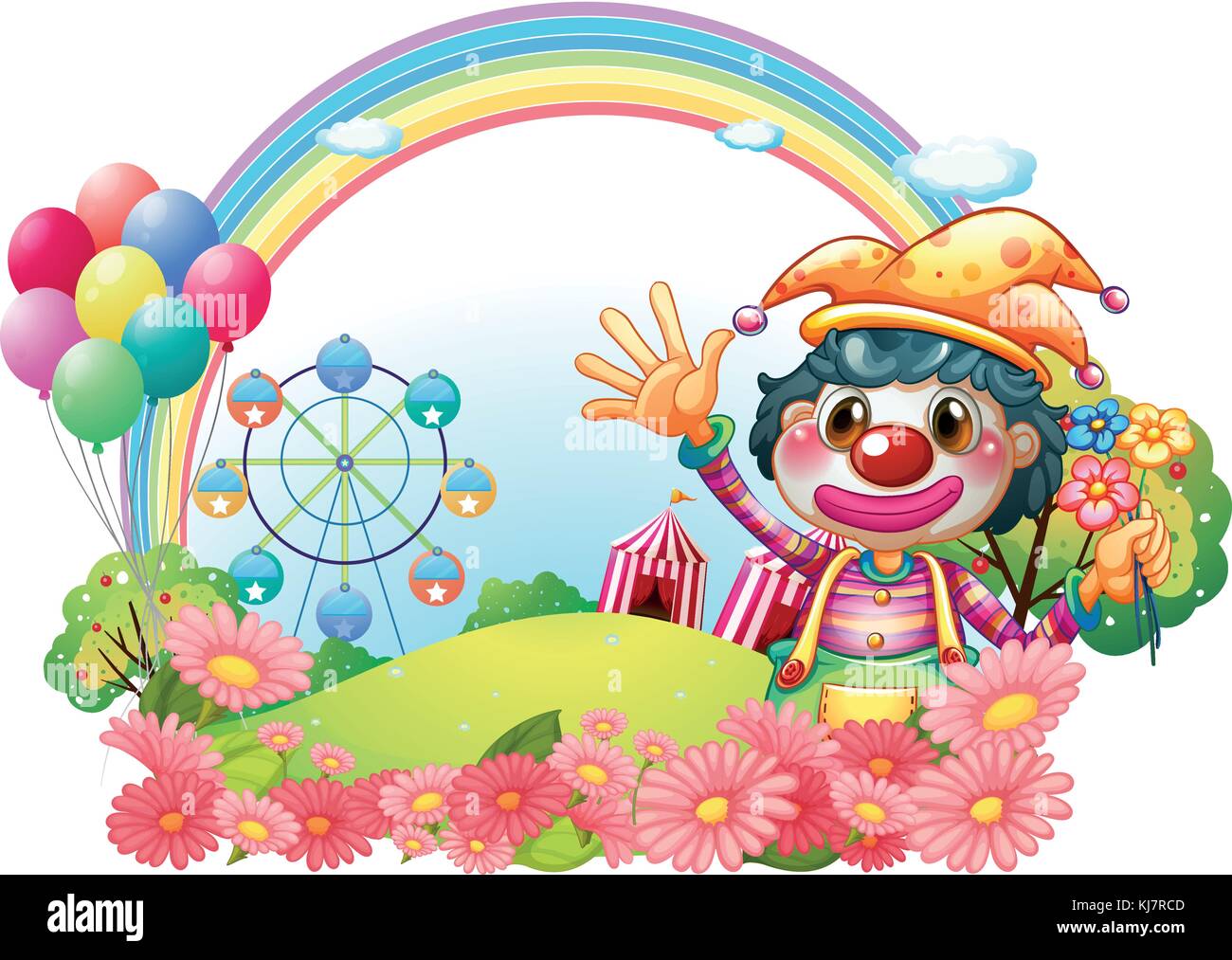 Illustration of a female clown waving her hands near the garden on a ...