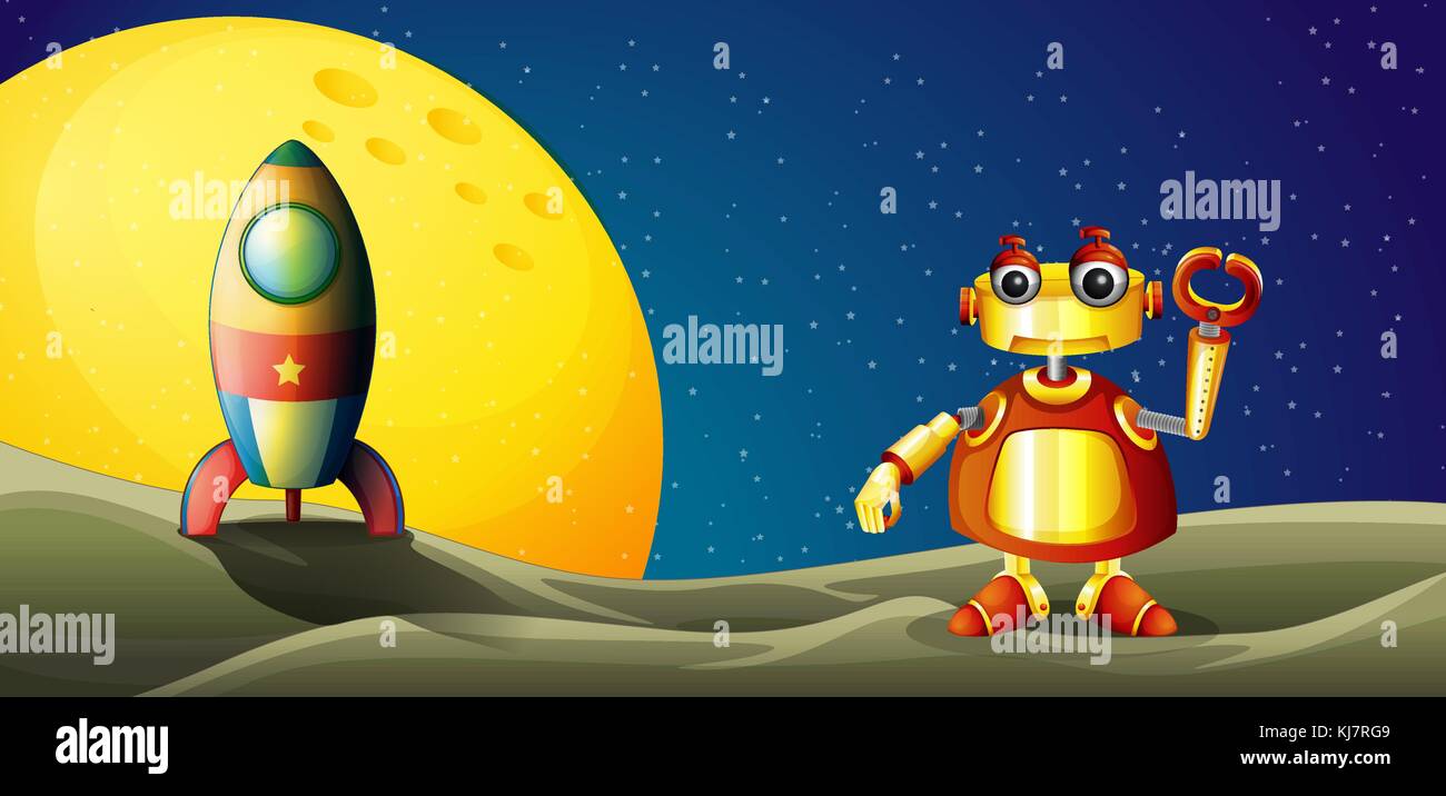 Illustration of a robot and a spaceship in the outer space Stock Vector ...