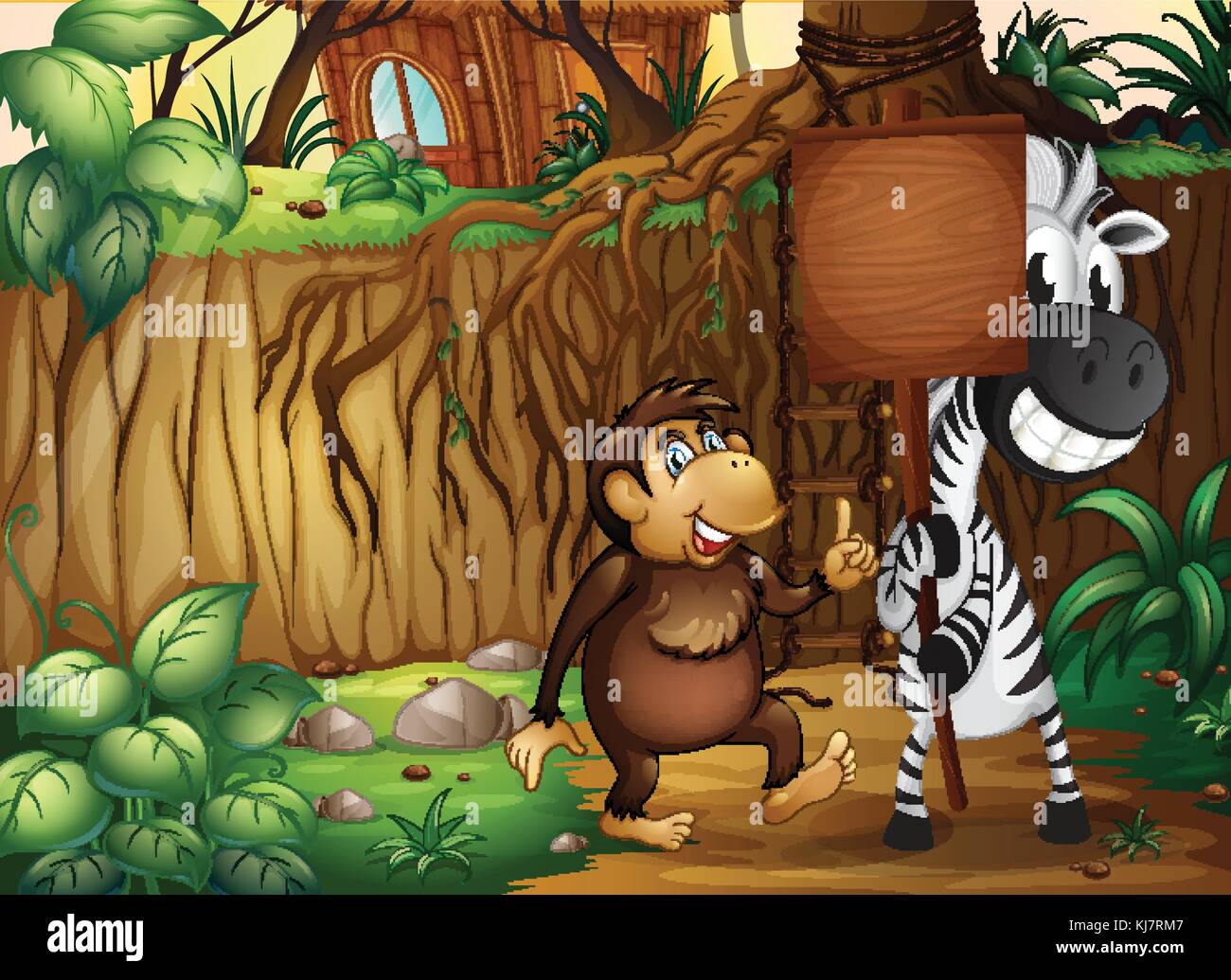 Illustration of a monkey and a zebra holding an empty wooden signboard ...