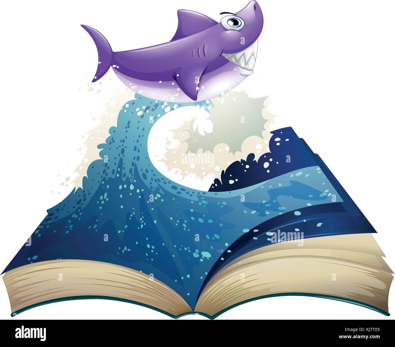 Illustration of a book with an image of a wave and a shark on a white ...