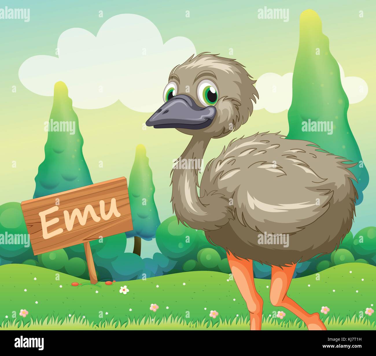 Illustration of a young ostrich beside a wooden signboard Stock Vector ...