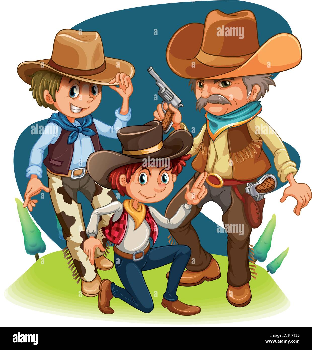 Illustration of the three cowboys in different positions on a white ...