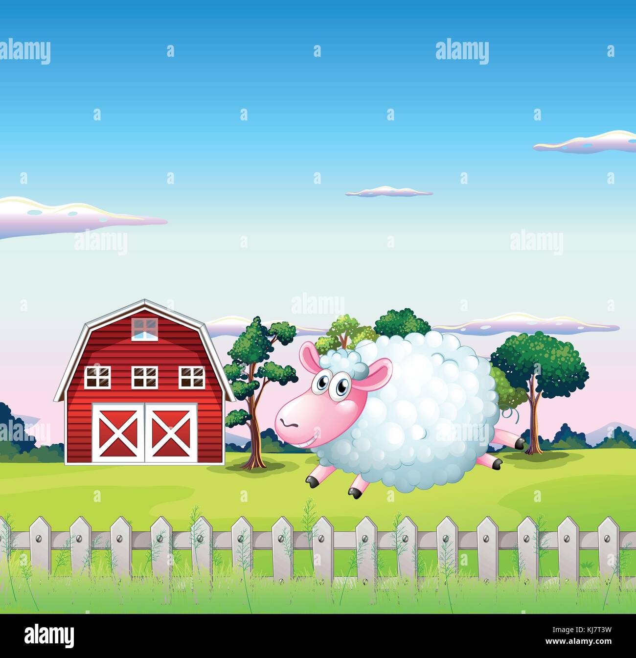 Illustration of a sheep inside the fence with a barn at the back Stock ...