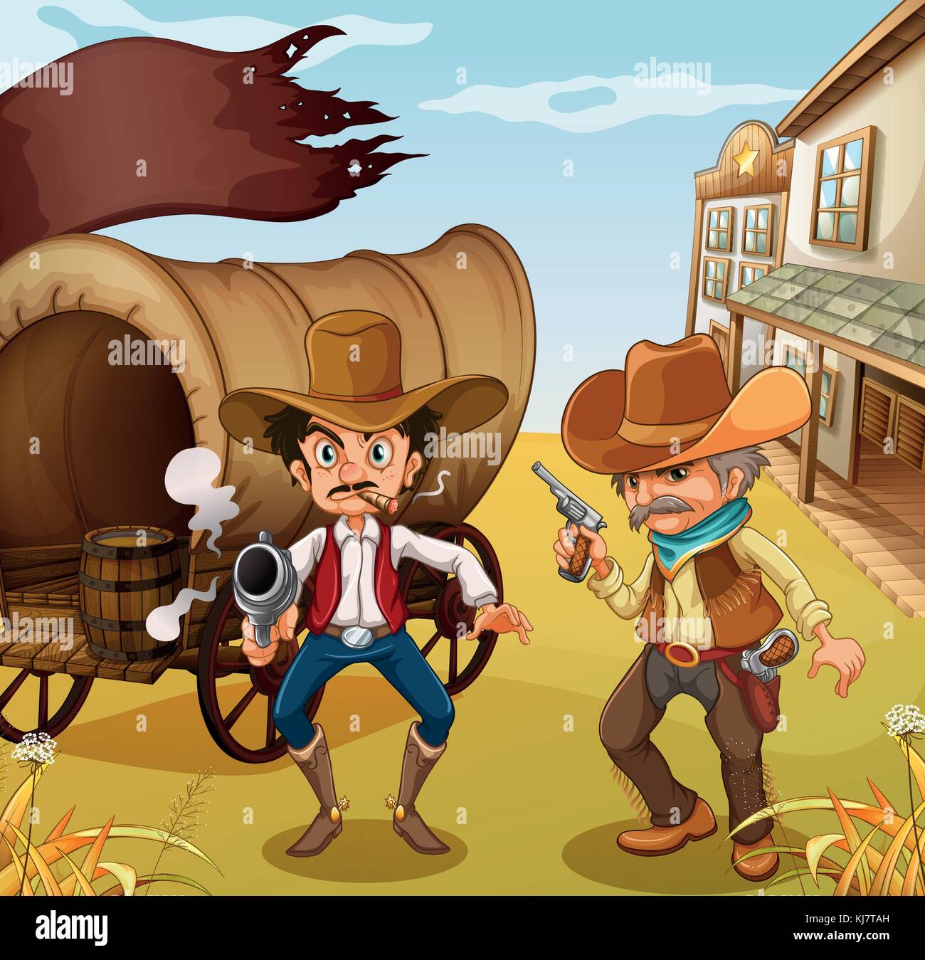 Illustration of the two men holding guns with a wooden carriage at the ...