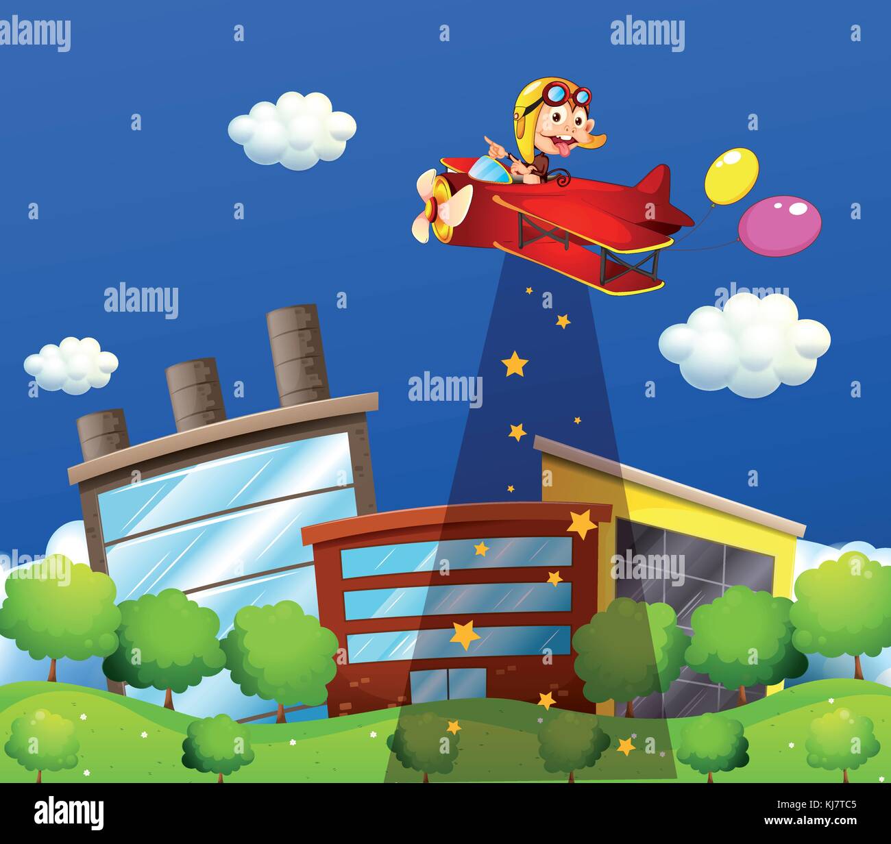 Illustration of a monkey riding in an aircraft above the buildings ...