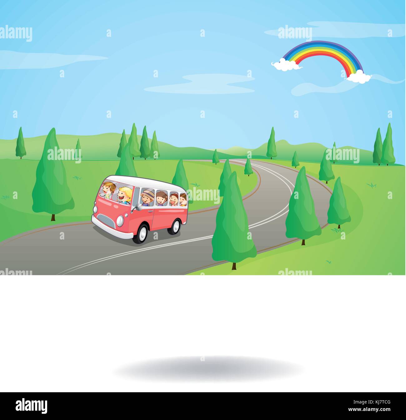 Illustration of a bus with kids running along the curve road Stock ...