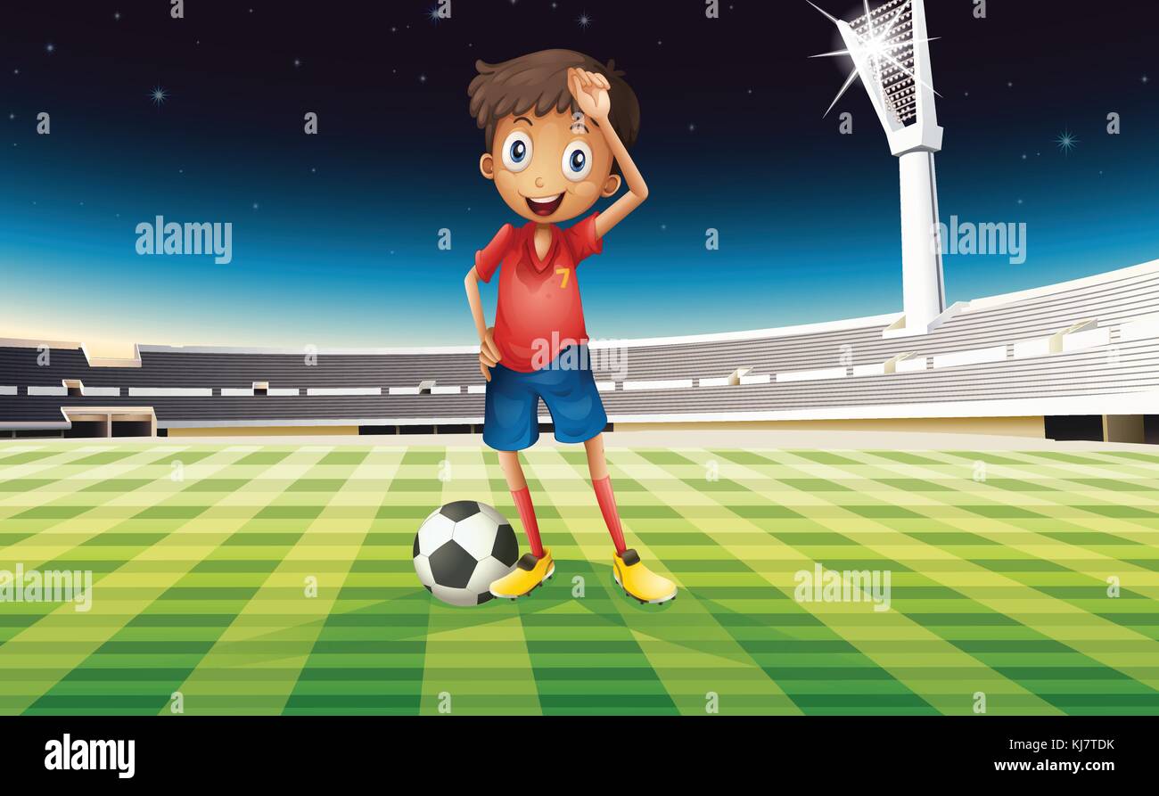Illustration of a boy with a soccer ball standing in the soccer field ...
