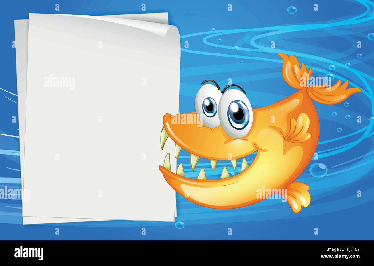 Illustration of a fish with sharp teeth beside an empty paper under the ...
