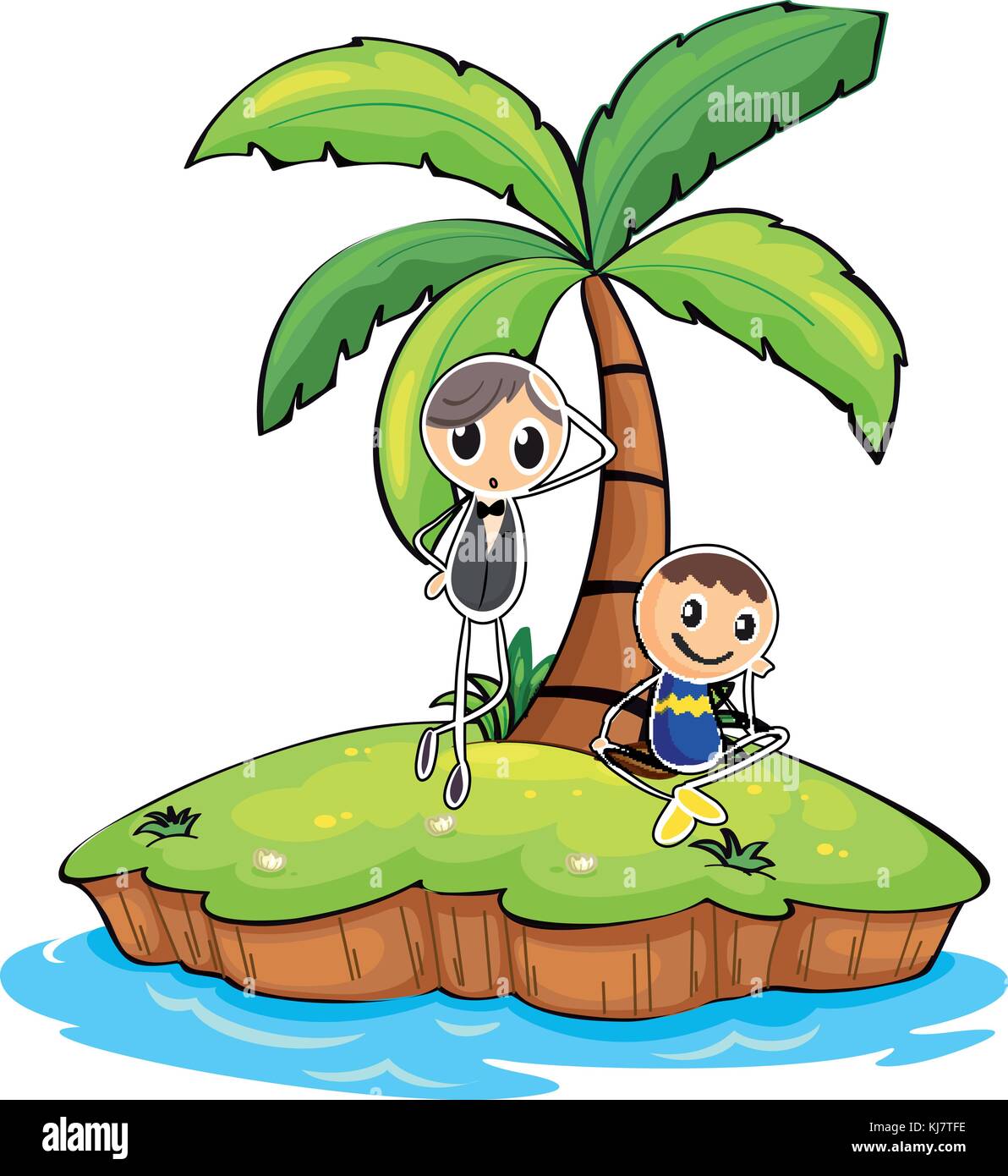 Illustration of an island with two boys on a white background Stock ...