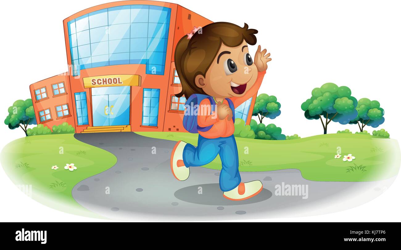 Illustration of a girl going home from school on a white background ...