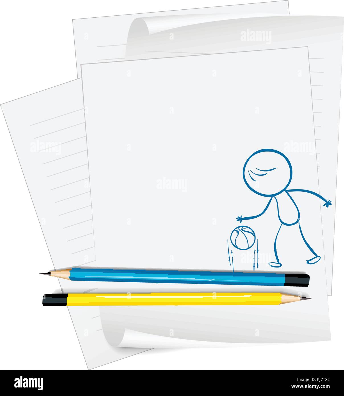 Illustration of a paper with a sketch of a basketball player on a white ...