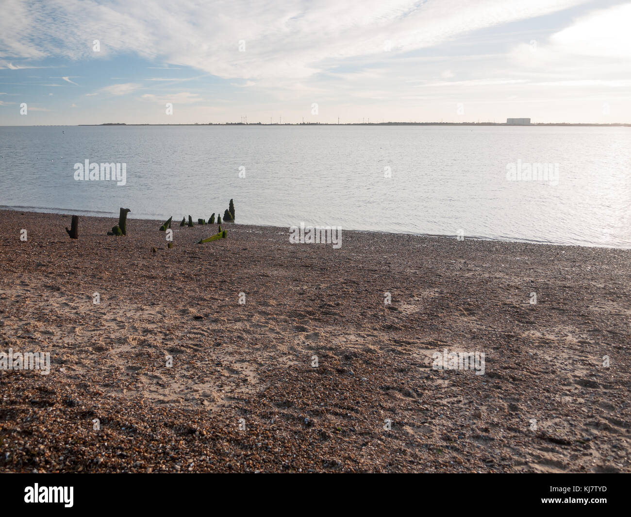 empty beach front water sea ocean horizon landscape; west mersea, essex ...