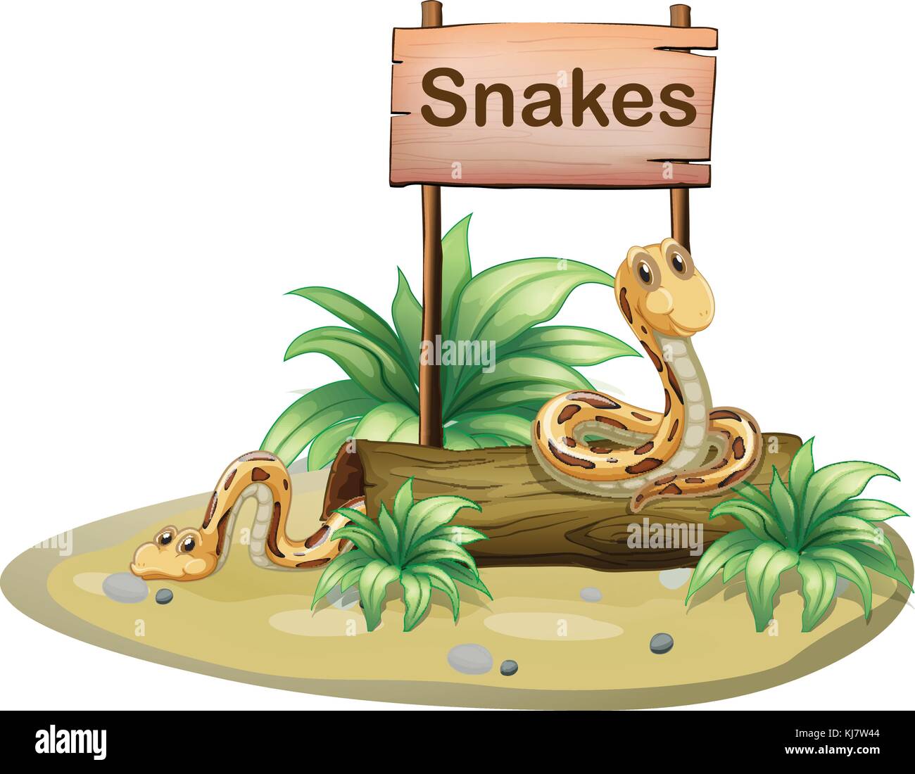 Illustration of a wooden signboard with snakes on a white background ...