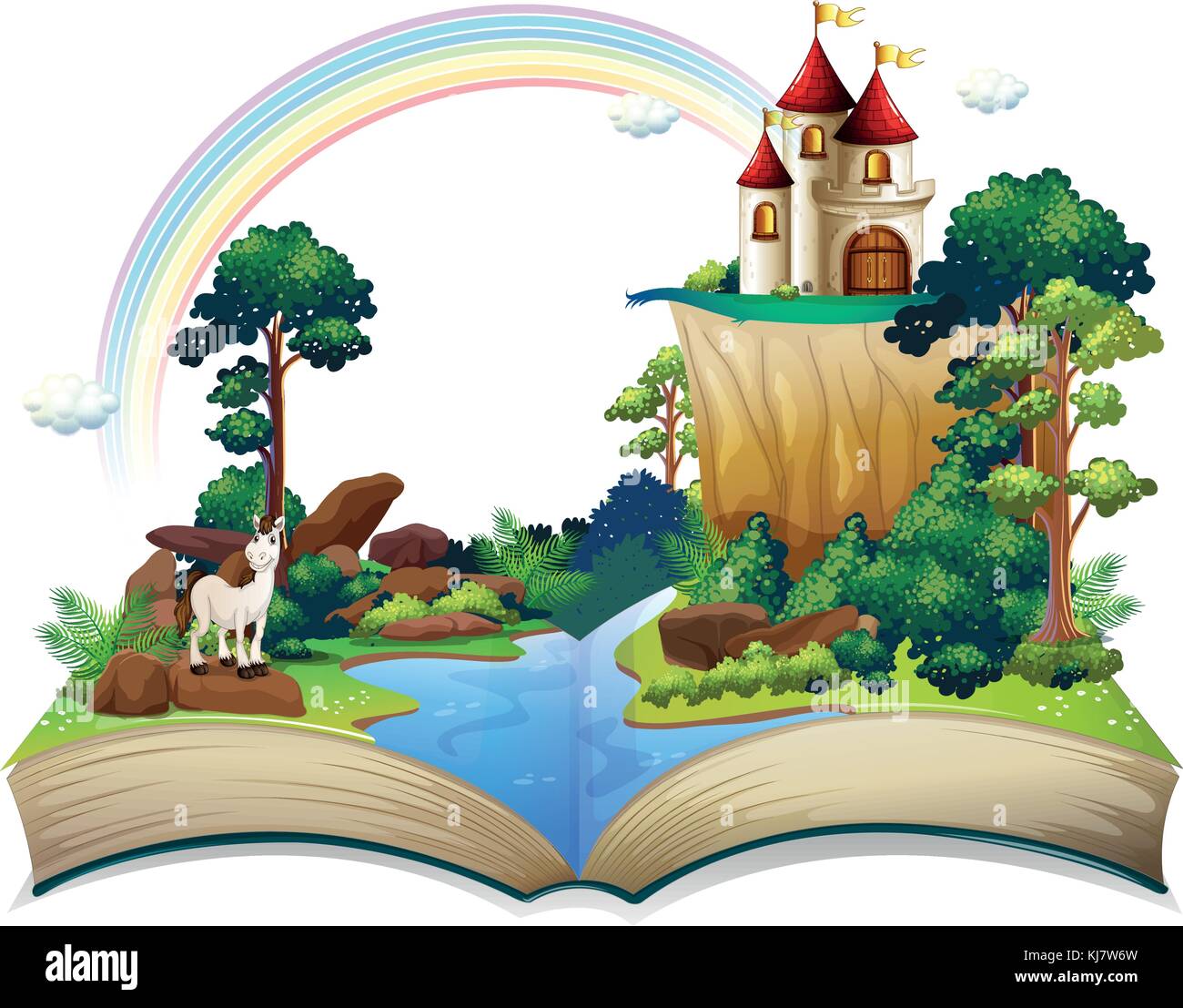 Illustration of a book with a castle at the forest on a white ...