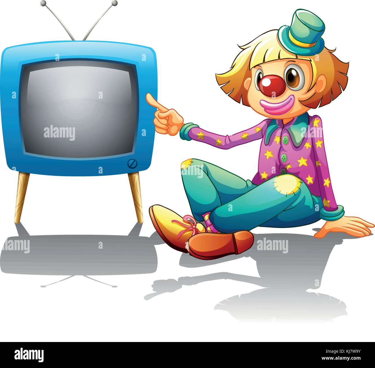 Illustration of a clown sitting beside the television on a white ...