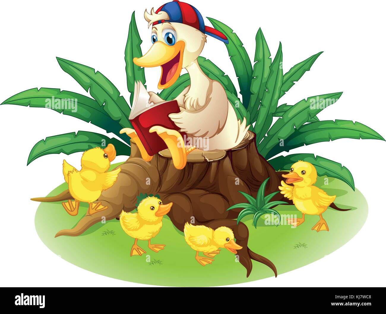 Illustration of a duck reading on a stump with her ducklings on a white ...