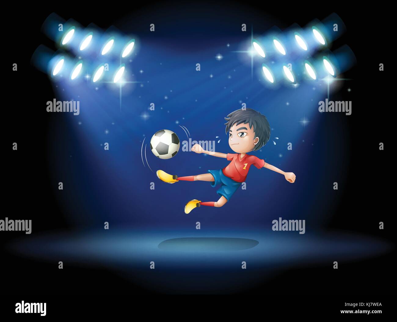 Illustration of a young boy playing soccer with spotlights Stock Vector ...