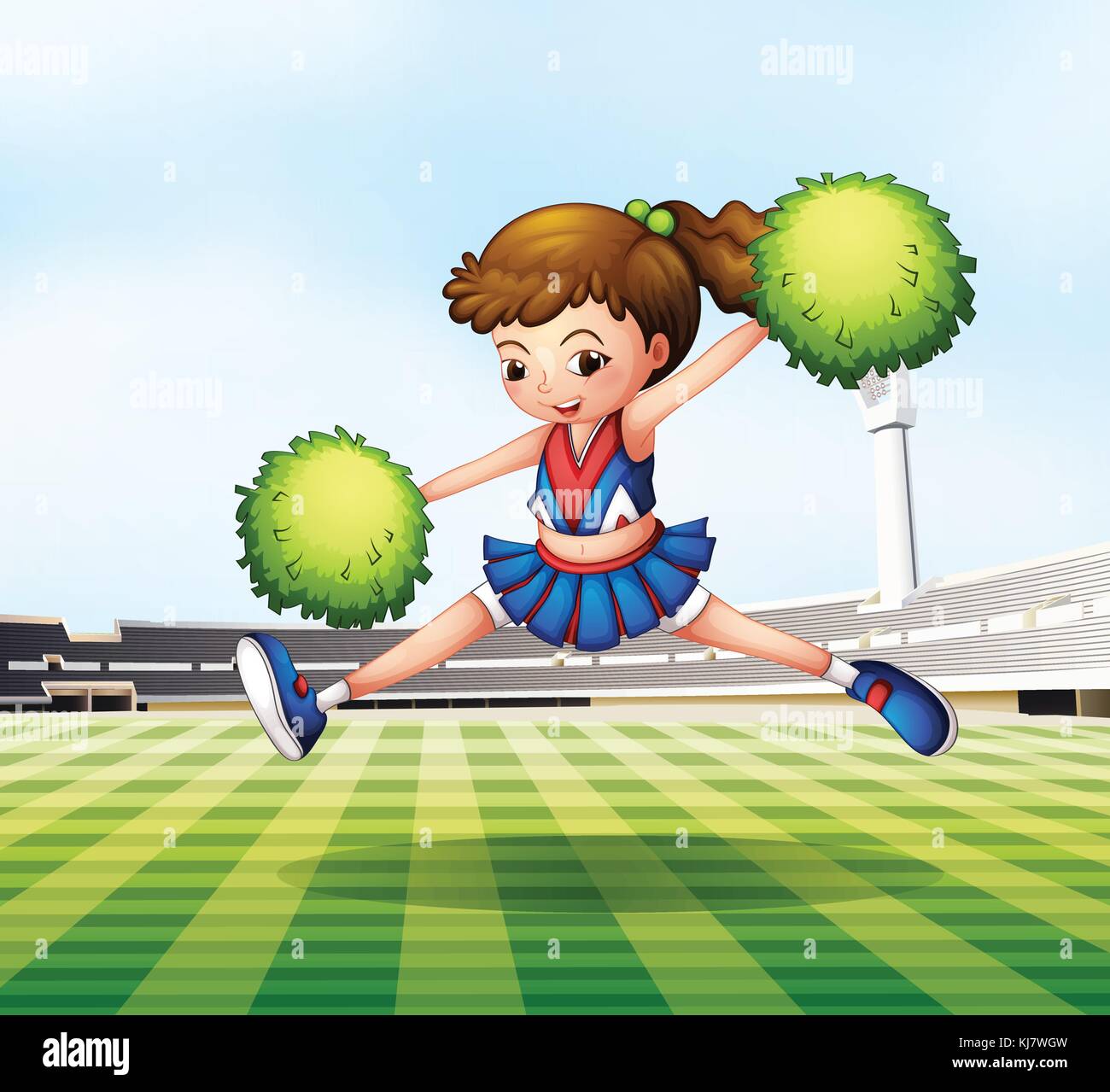 Illustration of a cheerdancer with green pompoms at the soccer field ...